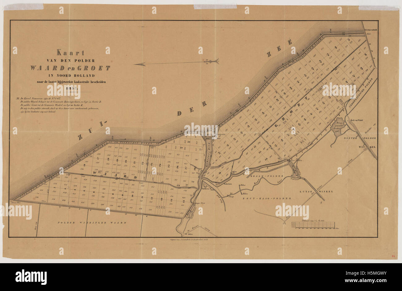 This map, titled 'Waardpolder en Groetpolder 1858,' shows the land ...