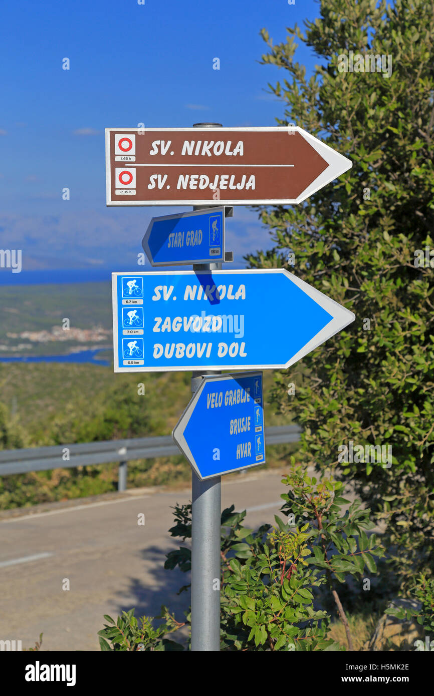 Cycle route signs, Velo Grablje, Hvar Island, Croatia, Dalmatia ...
