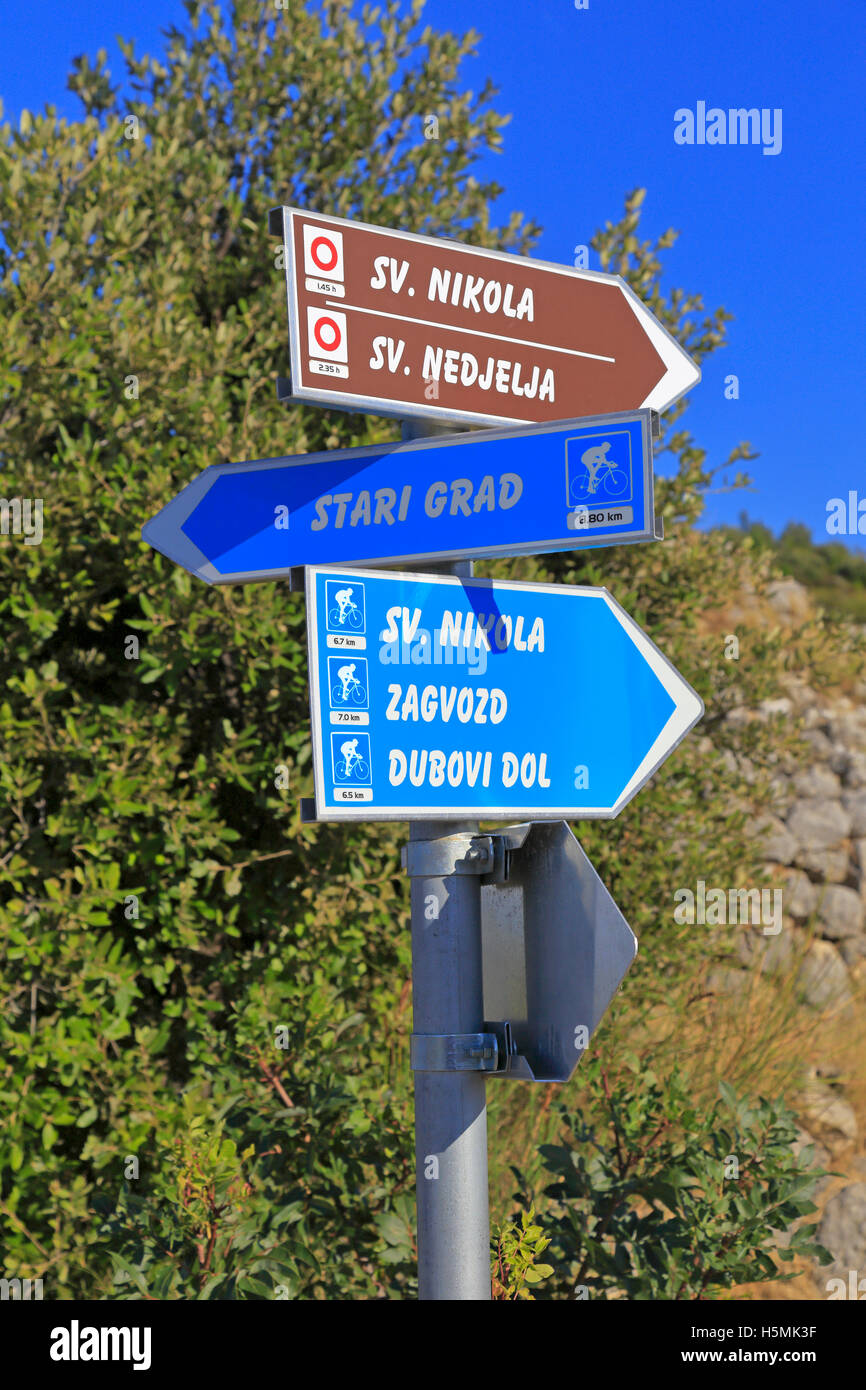 Cycle route signs, Velo Grablje, Hvar Island, Croatia, Dalmatia ...
