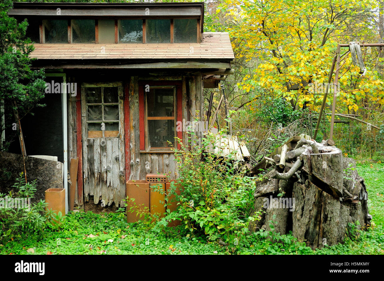 Weathered storage shed in backyard Stock Photo - Alamy