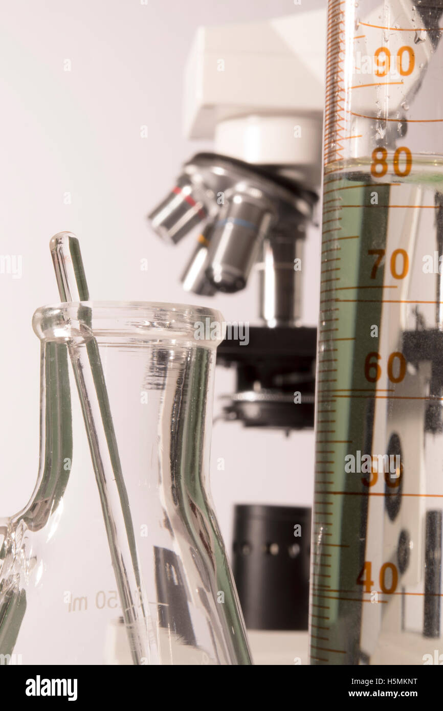 closeup of chemistry flask, graduated cylinder with microscope in ...