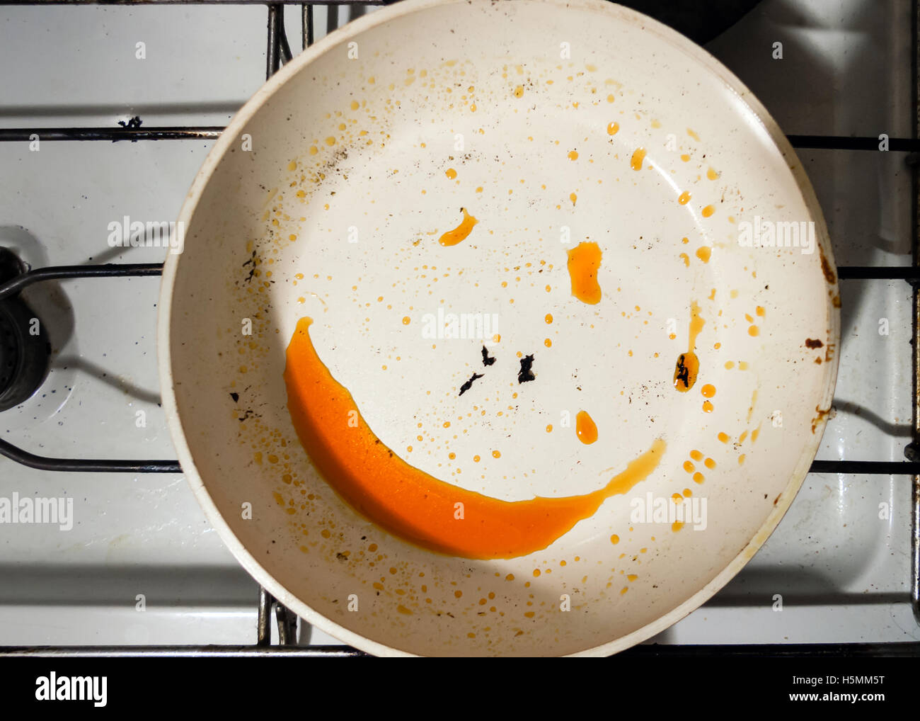 vegetable oil with a tomato spread on a frying pan as a smile Stock ...