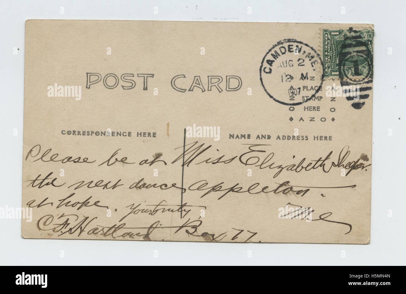 A postcard from Camden, dated August 2nd, 1907, inviting Miss Elizabeth ...
