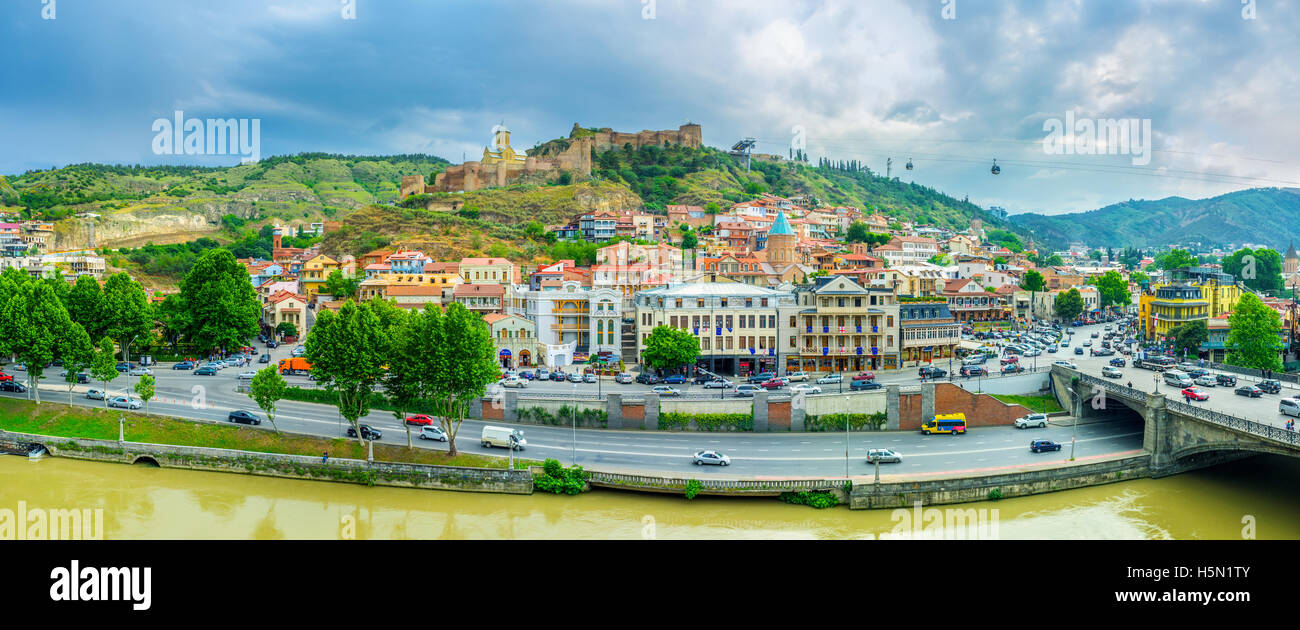 The panoramic view of Sololaki Hill with Narikala Fortress and the old ...