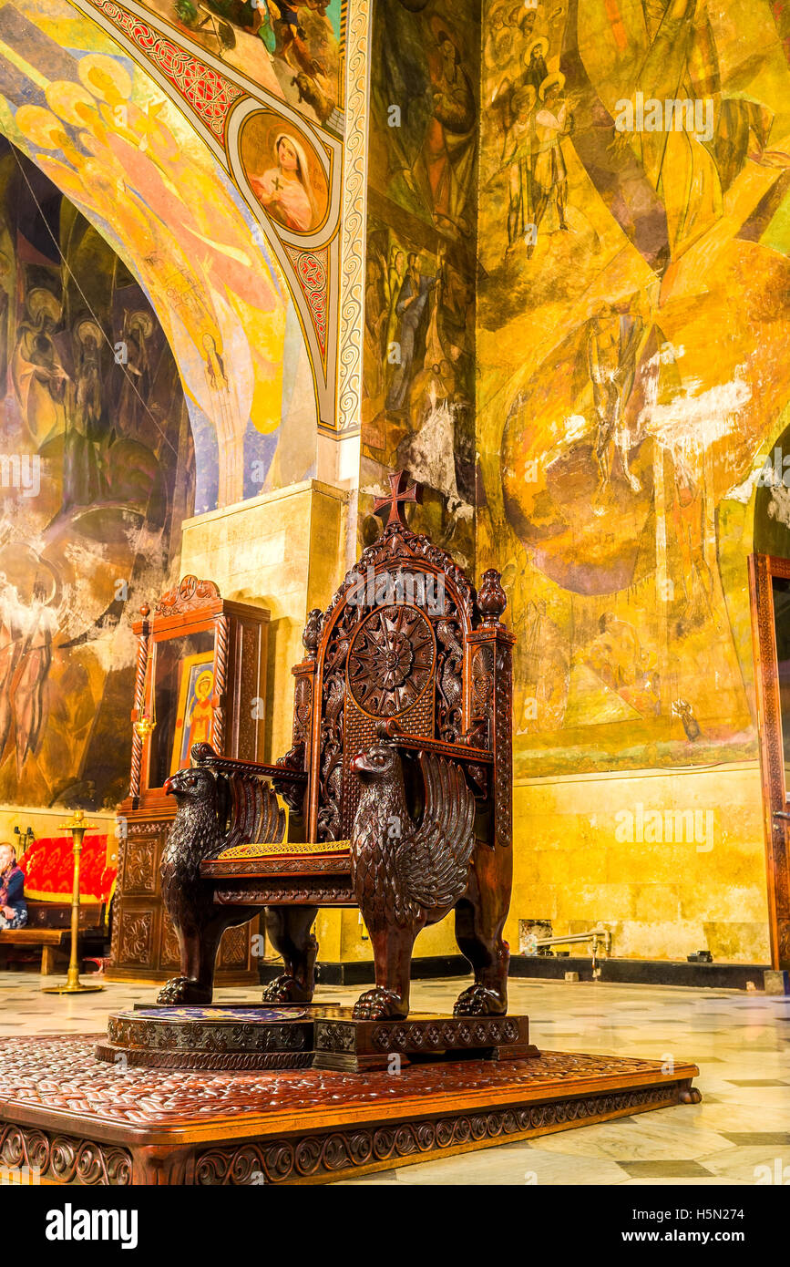 The throne for the Georgian patriarch, decorated with carved grifons ...