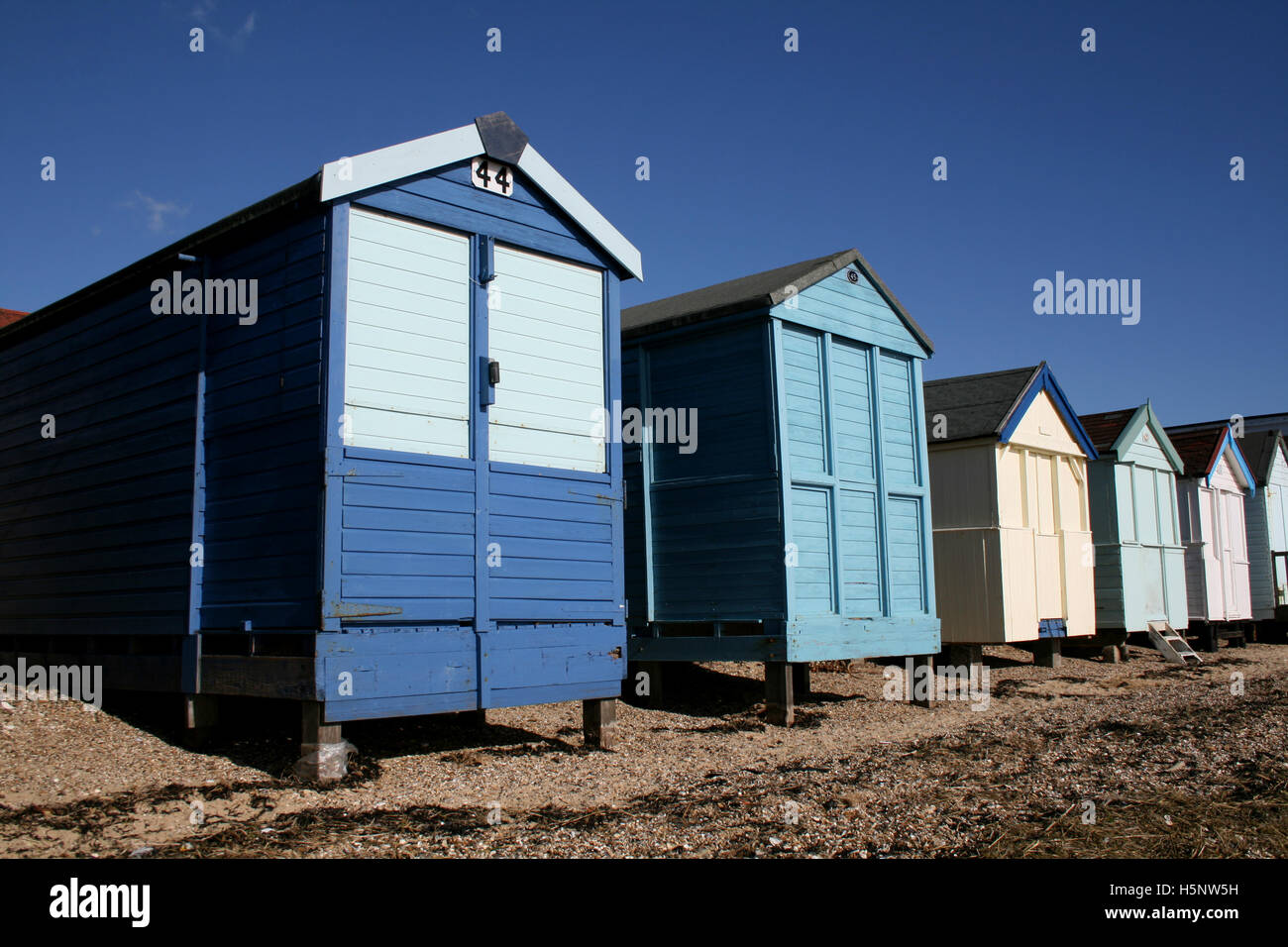 Beach huts, Thorpe Bay, near Southend on Sea, Essex, England Stock ...