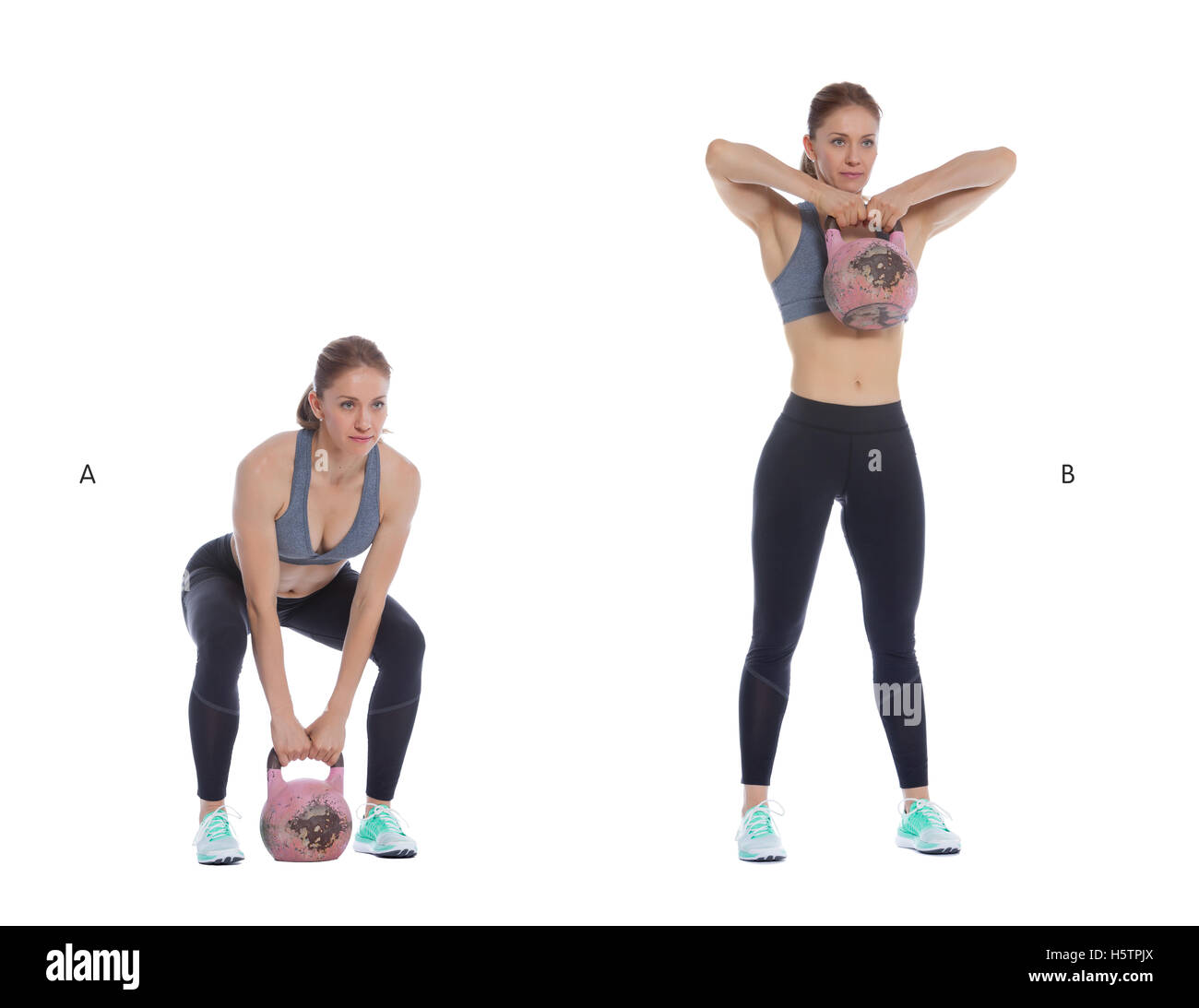 Athletic woman performing a functional exercise with kettlebell Stock ...