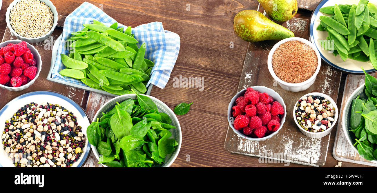 High Fiber Foods on a rustic wooden background. Top view Stock Photo ...