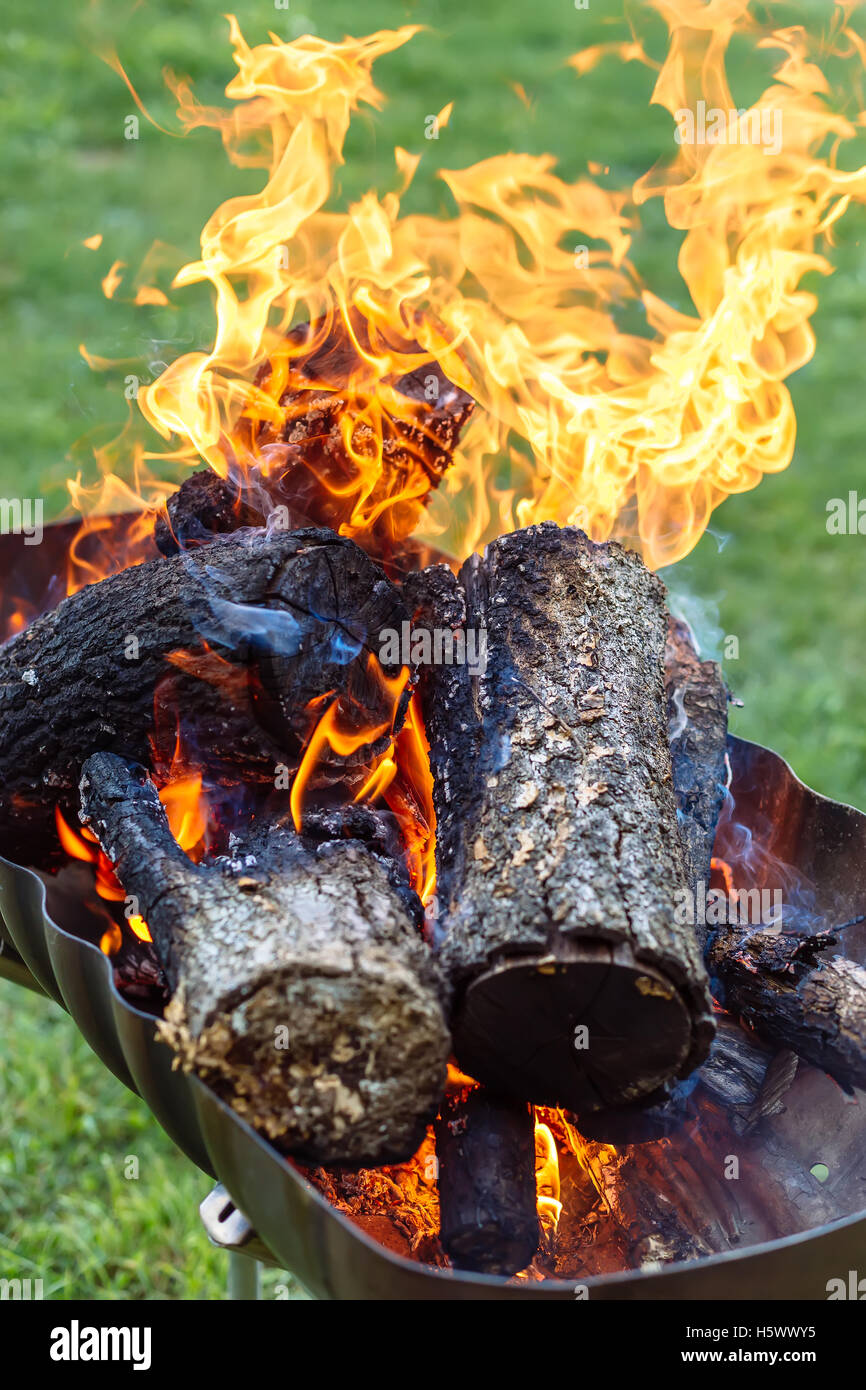Wood fire prepared for barbecue Stock Photo - Alamy