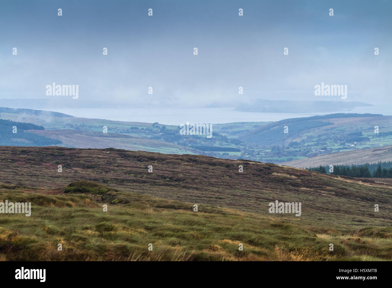 Glenshesk towards Rathlin Island from Orra Mountain Stock Photo - Alamy