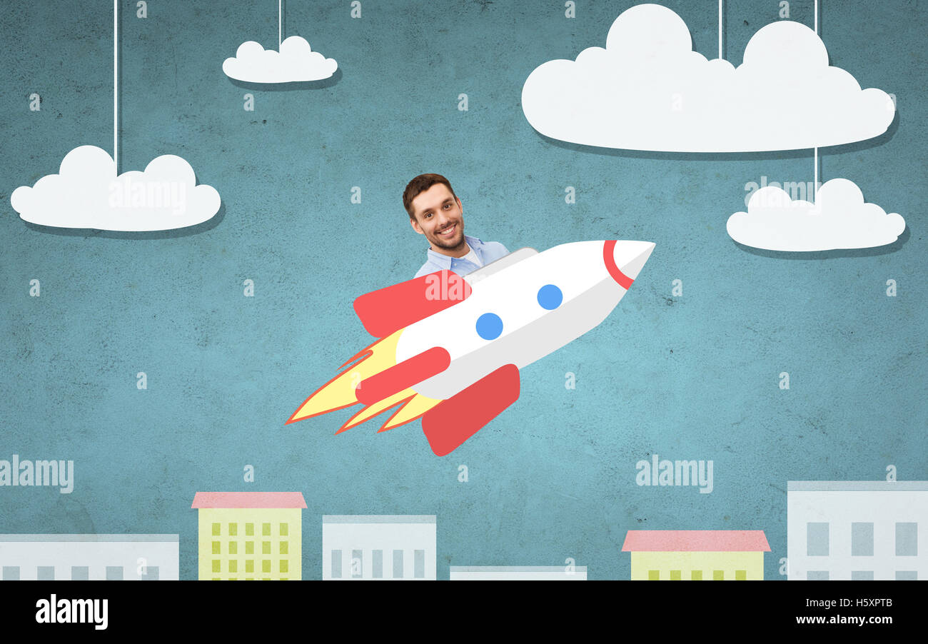 businessman flying on rocket above cartoon city Stock Photo - Alamy