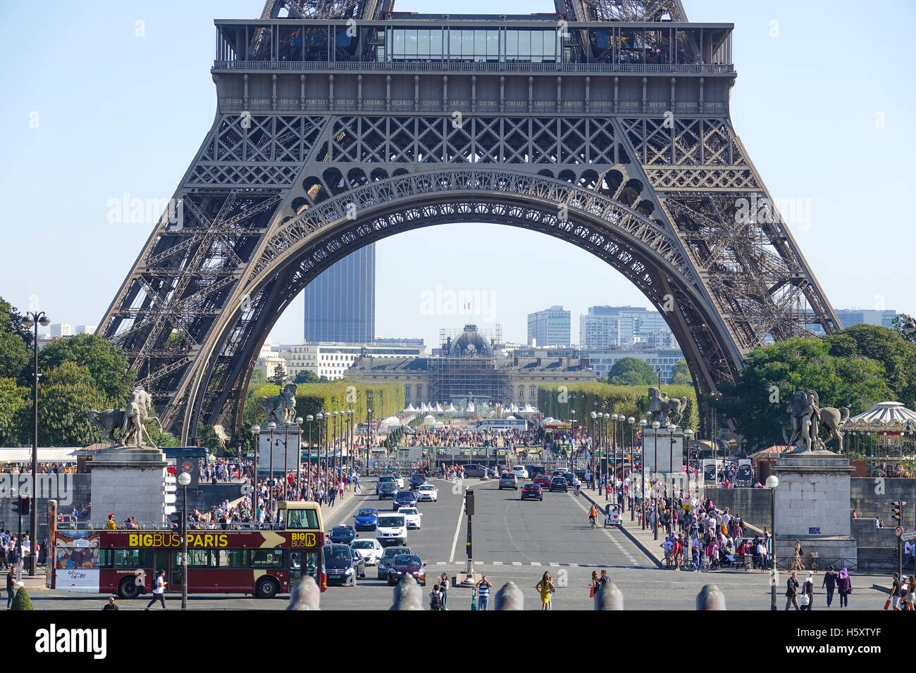 The streets under Eiffel Tower - a busy place Stock Photo - Alamy