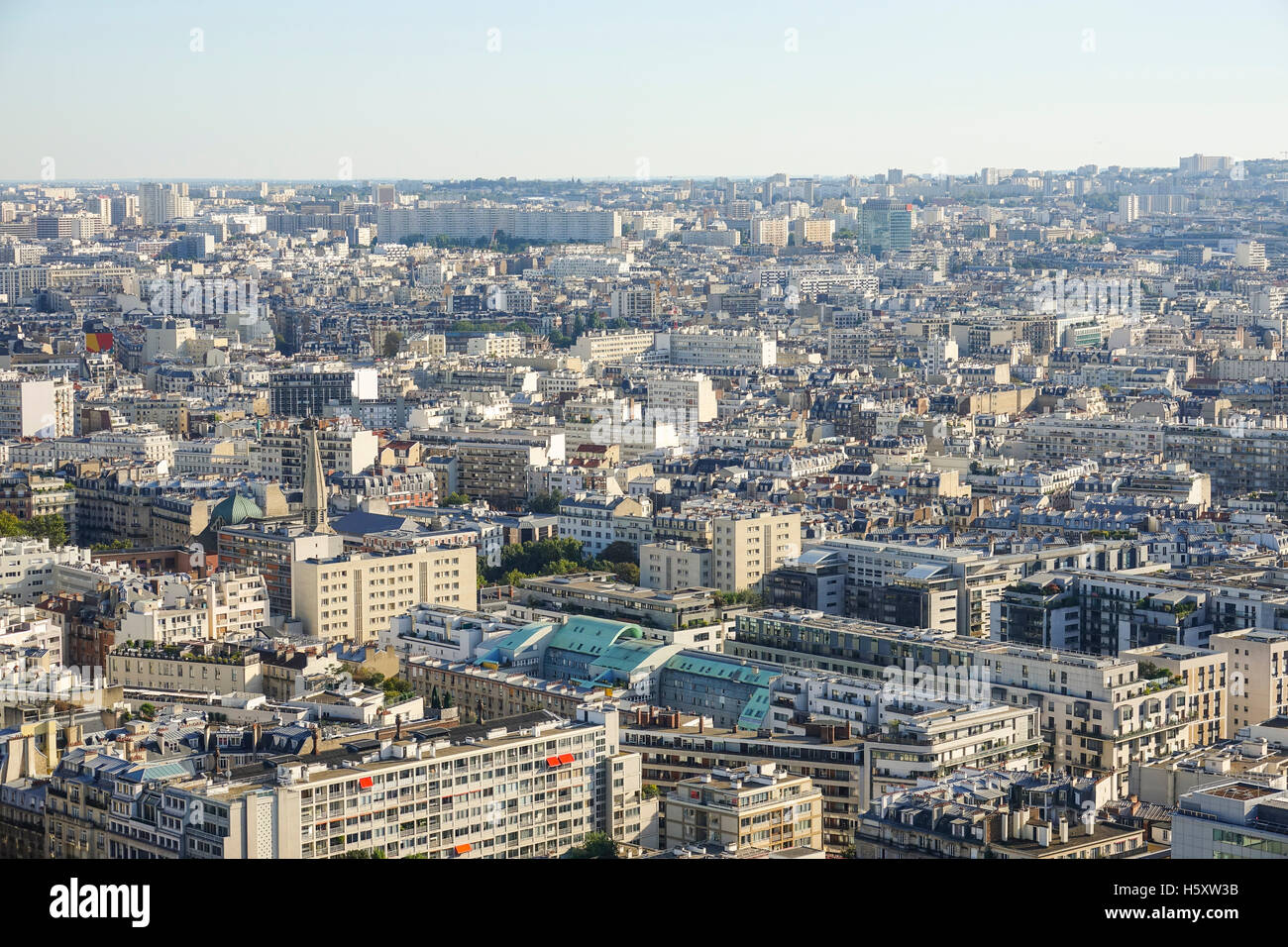 Wide angle view over the city of Paris on a hot summer day - aerial ...