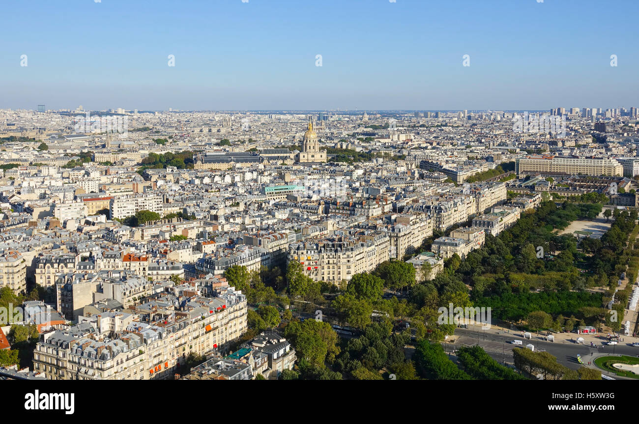 Wide angle view over the city of Paris on a hot summer day - aerial ...