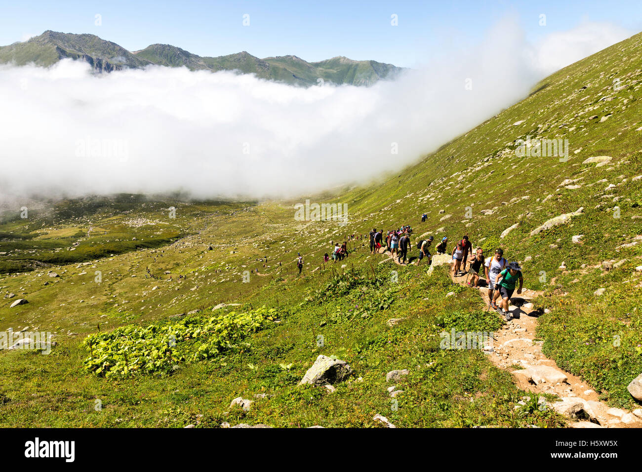 Large group of hikers climbs along the trail in the Kackar mountains ...