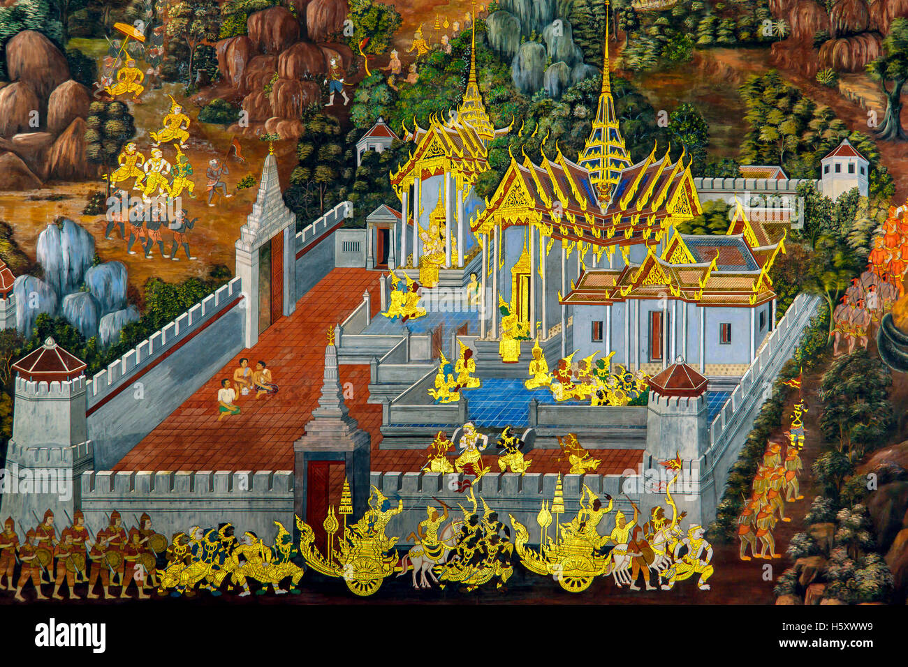 Thai mural paintings at Wat Phra Kaew in Bangkok, Thailand. Scenes from ...
