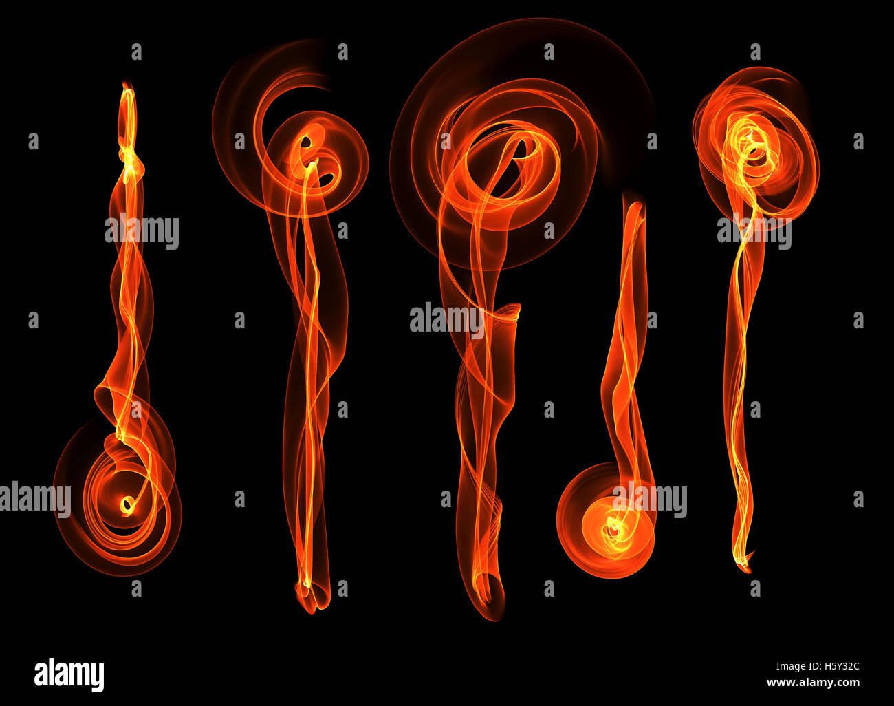 set of five abstract red orange smoke fire brushes flowers over black ...