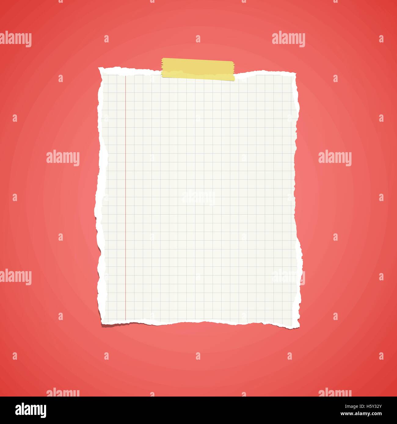 Ripped white ruled notebook paper stuck on red vignette background ...