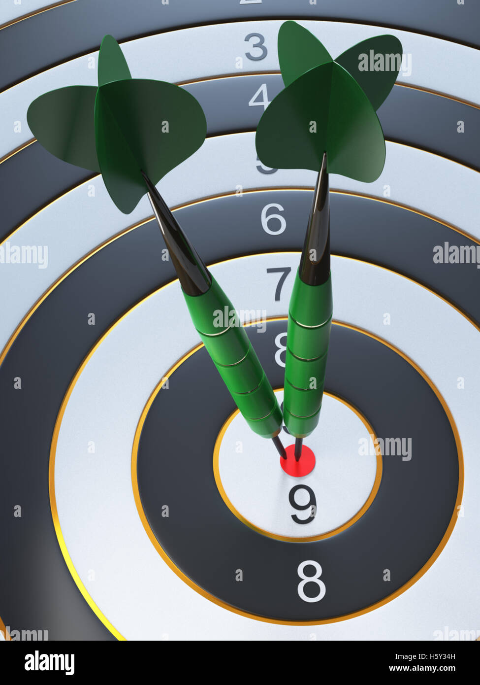 Two green darts hitting the bullseye aim. concept of success 3d ...