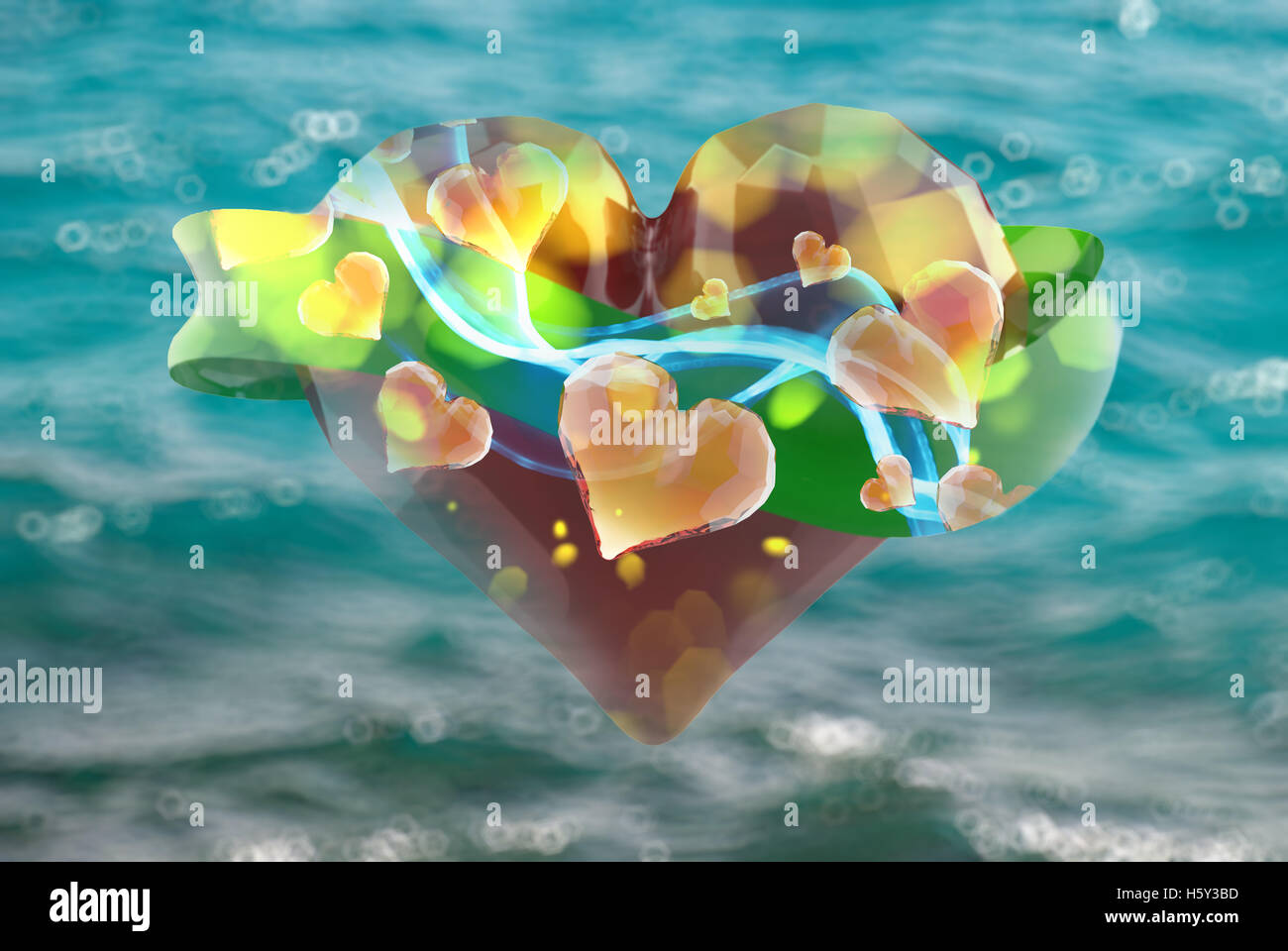 Flying red chopped heart with green ribbon on marine blurred background ...