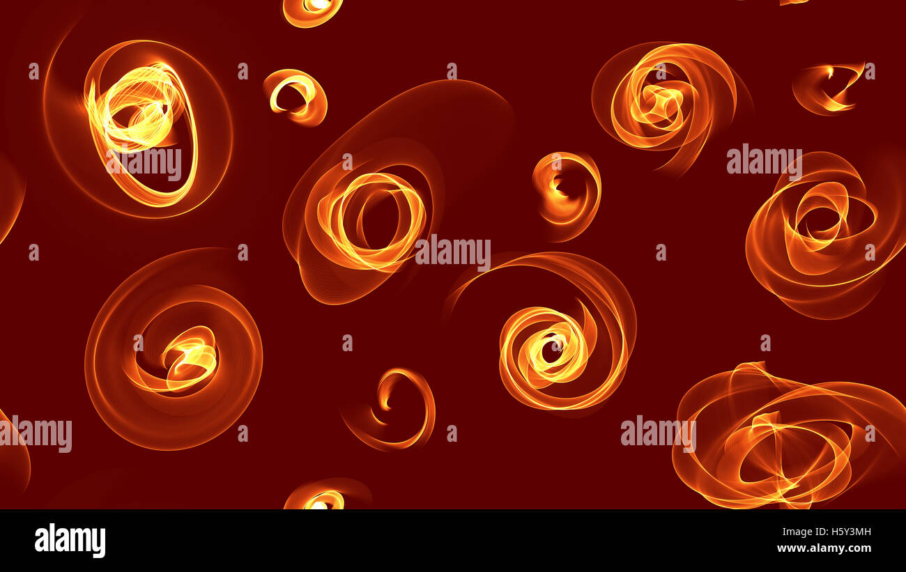 glowing red orange curved lines and circles flowers over deep Abstract ...
