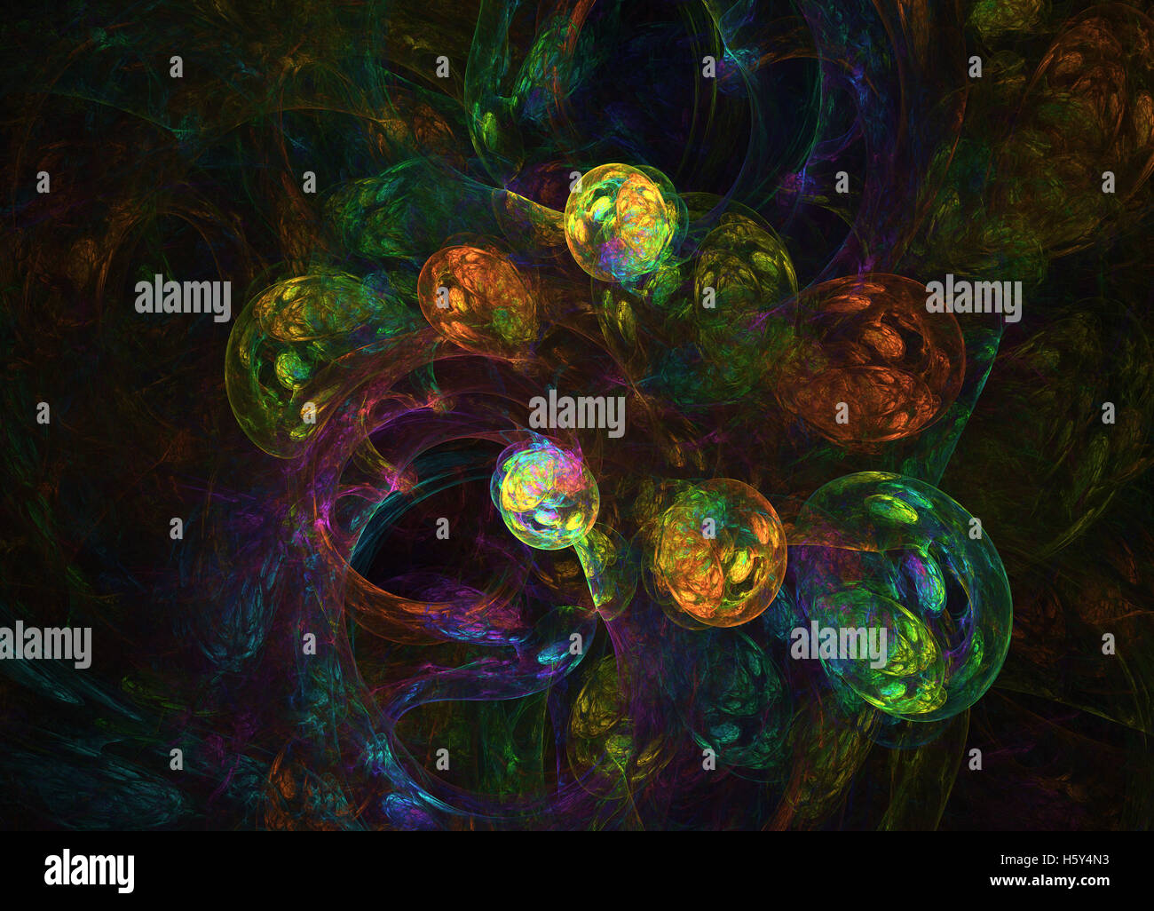 glowing rainbow curved lines and spheres over dark Abstract Background ...