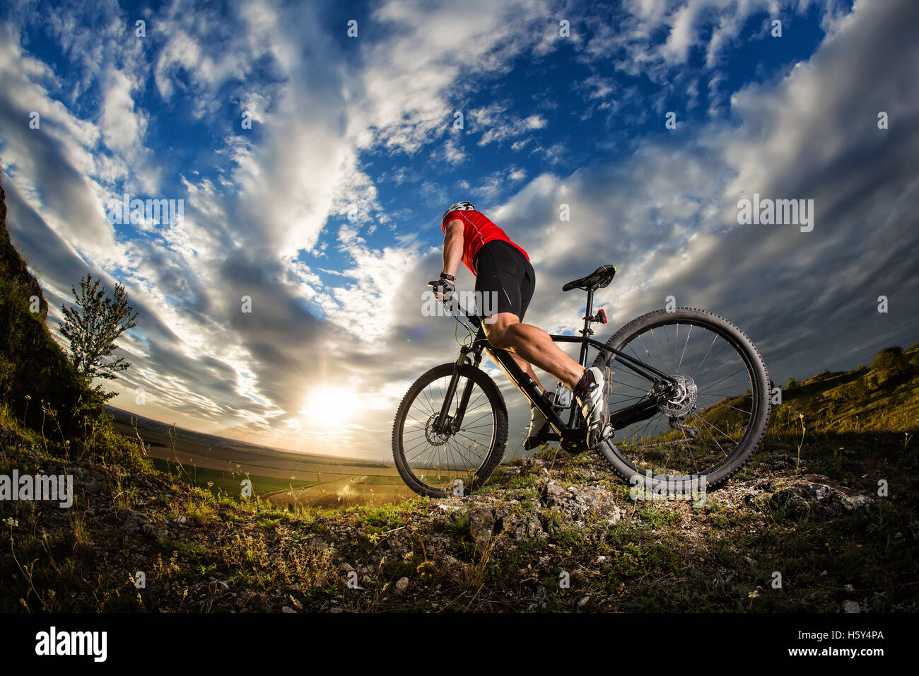 Wide angle view of a cyclist riding a bike on a nature trail in the ...