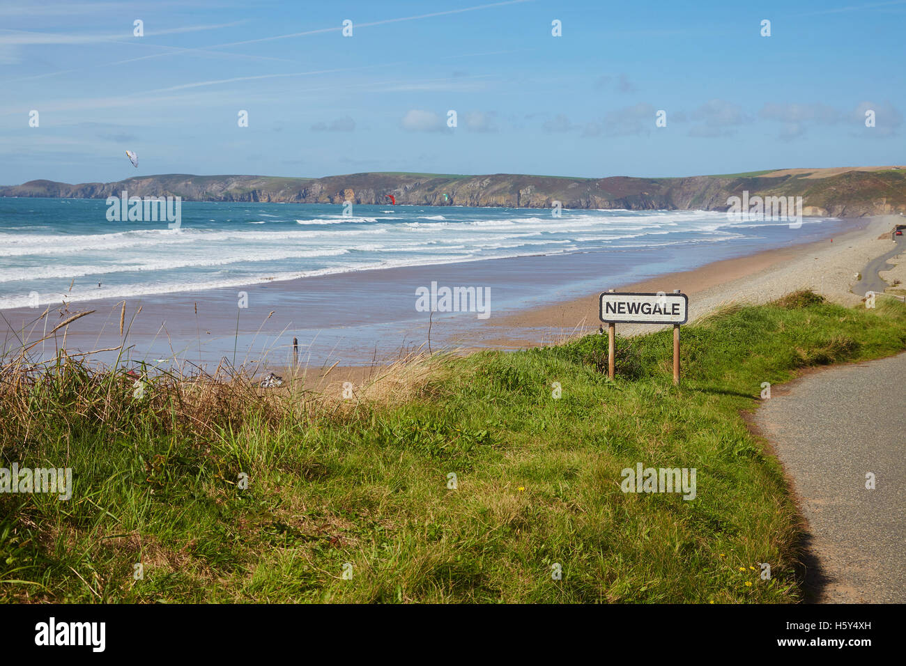 Newgale sign with the beach in the background, Pembrokeshire, West ...