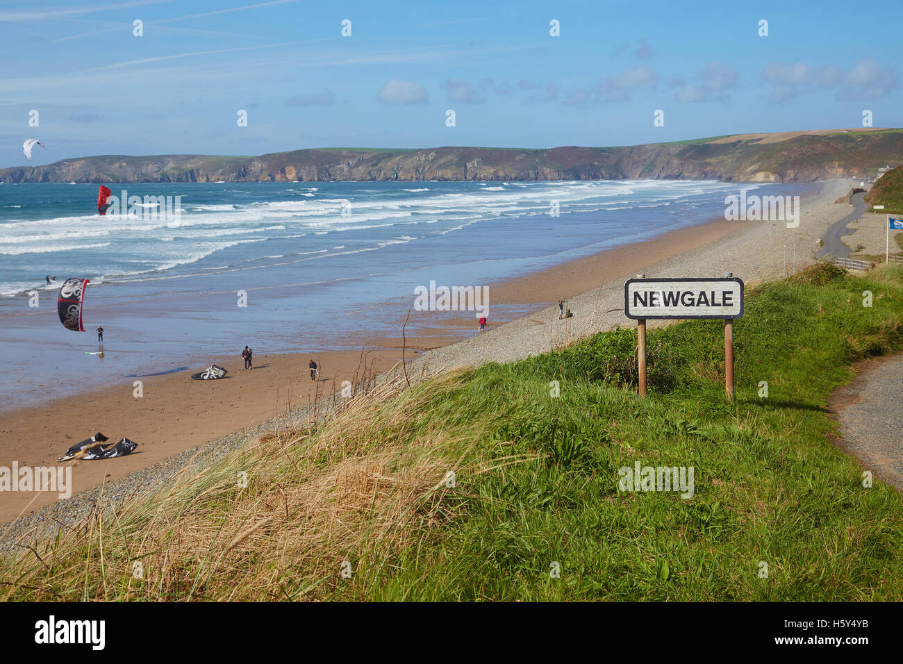 Newgale sign with the beach in the background, Pembrokeshire, West ...
