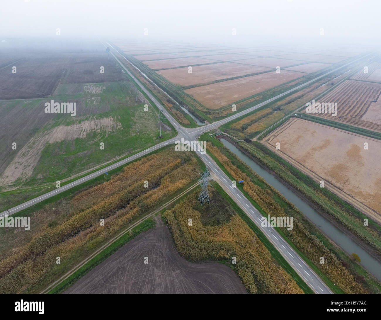 Crossroads paved roads through the fields. View from above Stock Photo ...