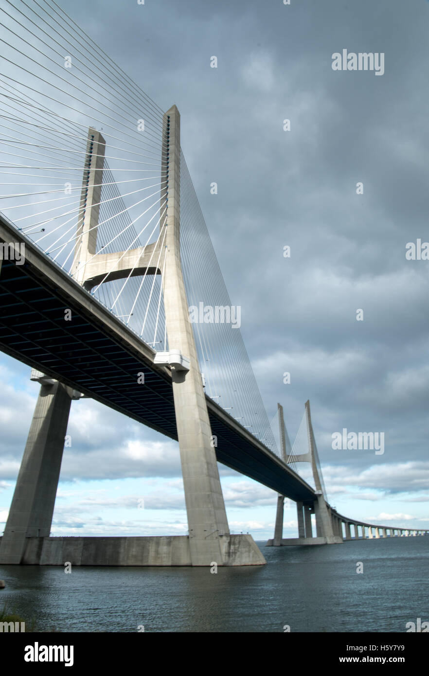 The Vasco da Gama Bridge in Lisbon, Portugal. It is the longest bridge ...