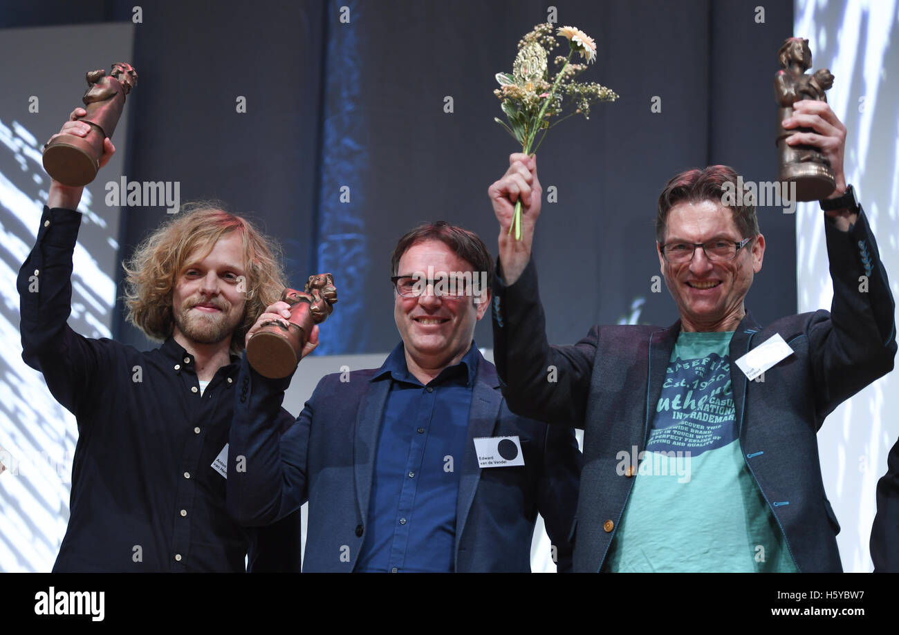 Belgian illustrator Anton van Hertbruggen (l-r), Dutch author Edward ...