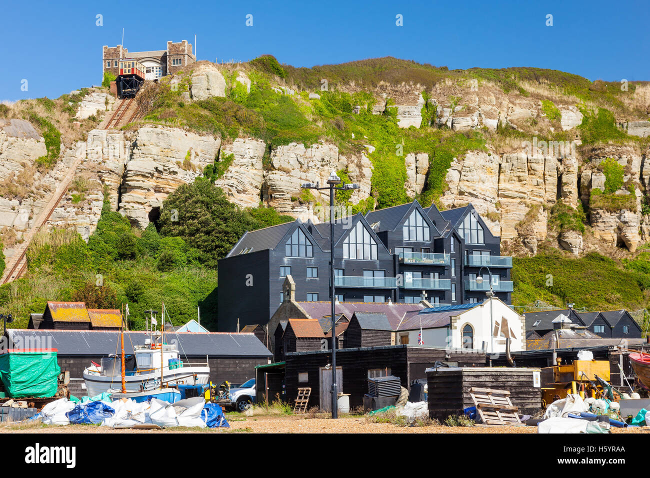 Beachside buildings with Hastings East Cliff Funicular Railway above ...