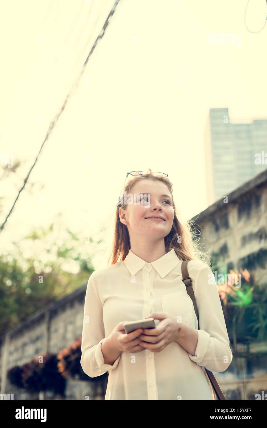 Girl Browsing Phone Connection Concept Stock Photo - Alamy