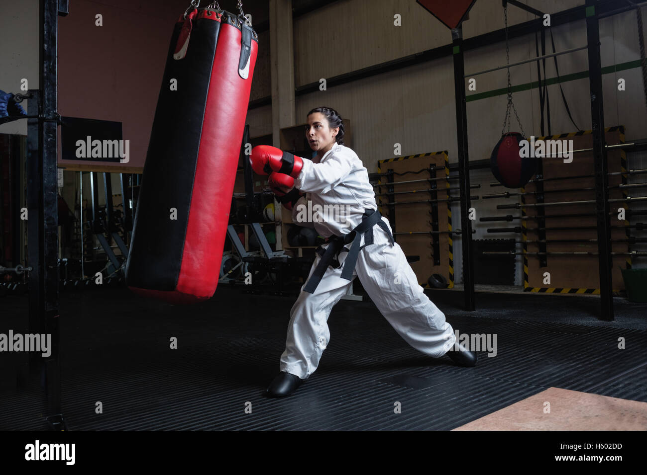 Woman practicing karate with punching bag Stock Photo - Alamy