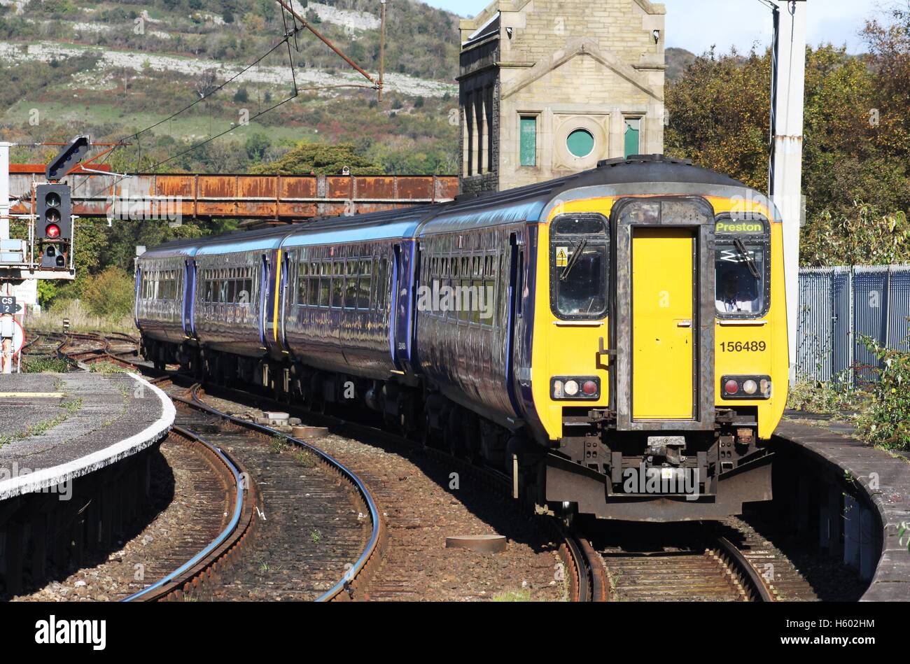 Two class 156 diesel multiple units arriving at platform 1 at Carnforth ...