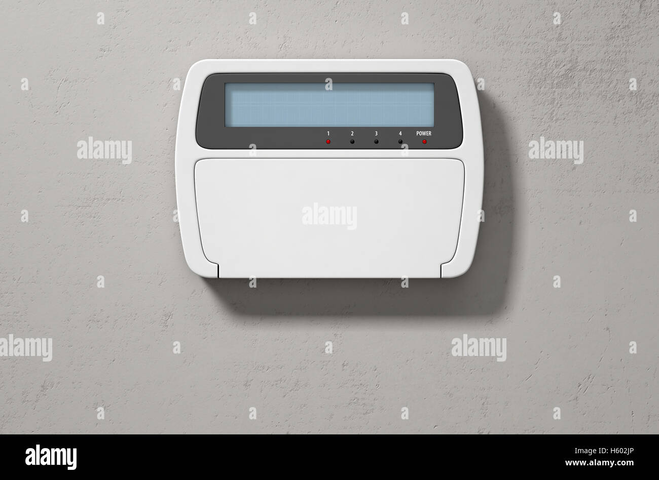 A 3D render of a home security keypad access panel with buttons and a ...