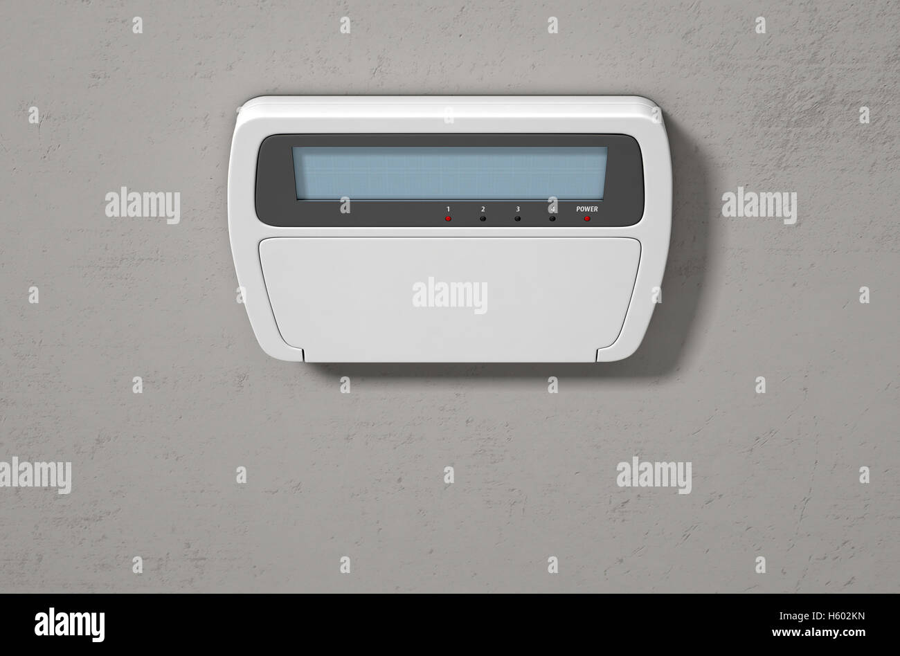A 3D render of a home security keypad access panel with buttons and a ...
