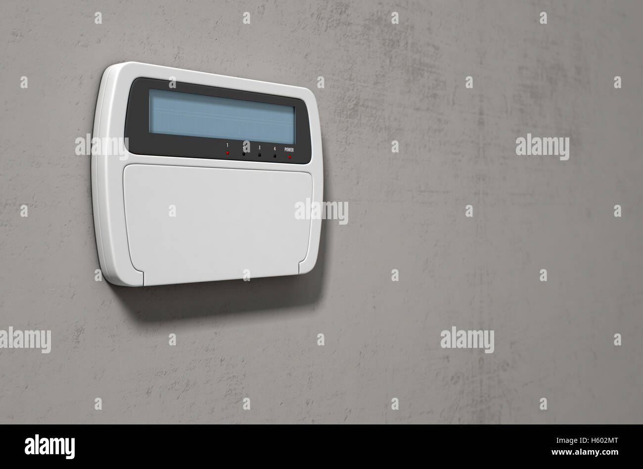 A 3D render of a home security keypad access panel with buttons and a ...