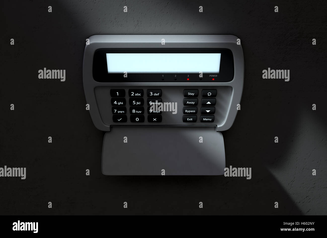 A 3D render of a home security keypad access panel with buttons and a ...