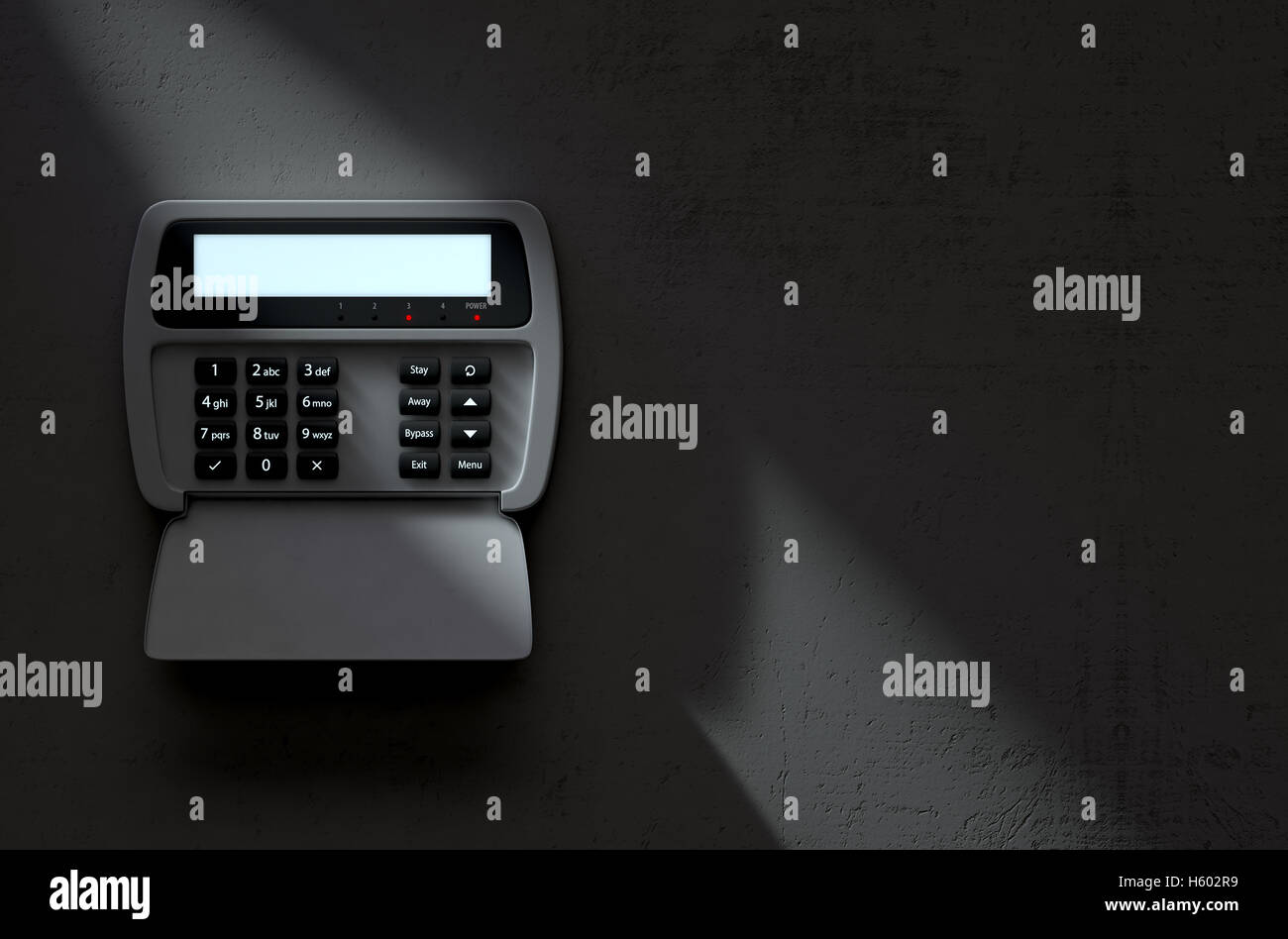 A 3D render of a home security keypad access panel with buttons and a ...