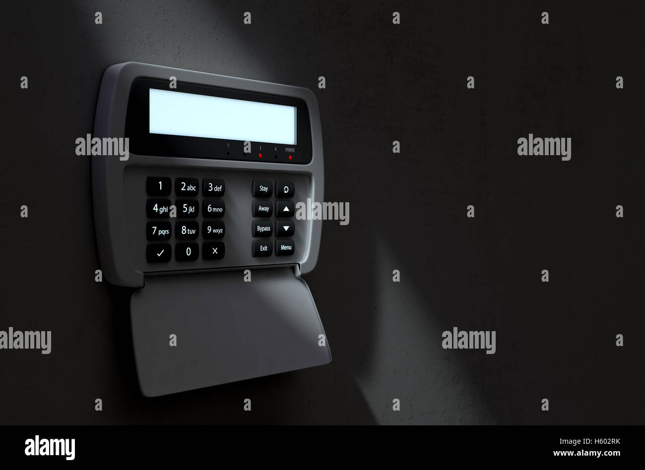 A 3D render of a home security keypad access panel with buttons and a ...