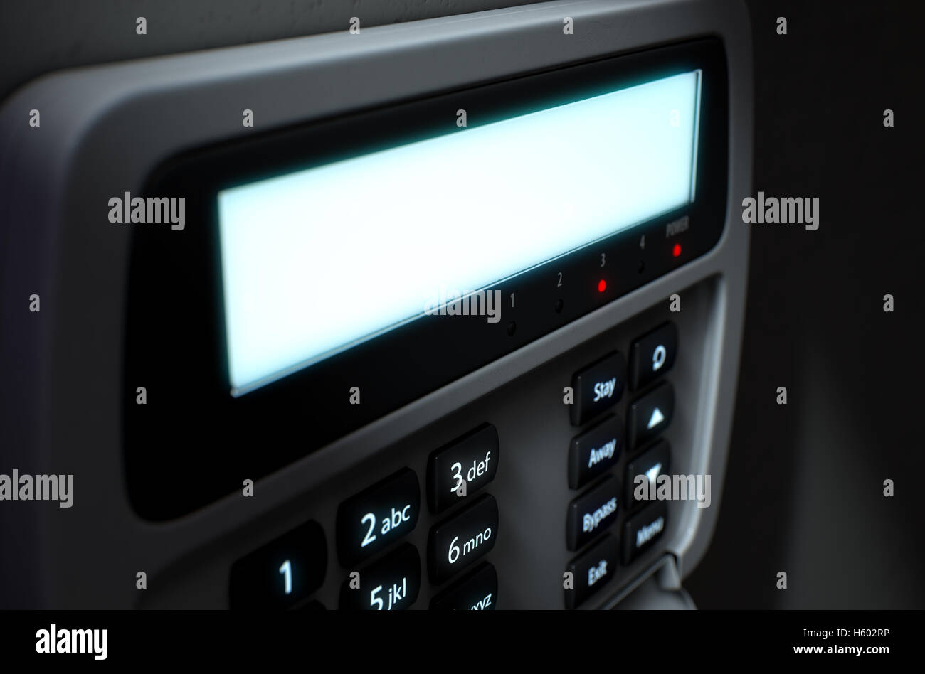A 3D render of a home security keypad access panel with buttons and a ...