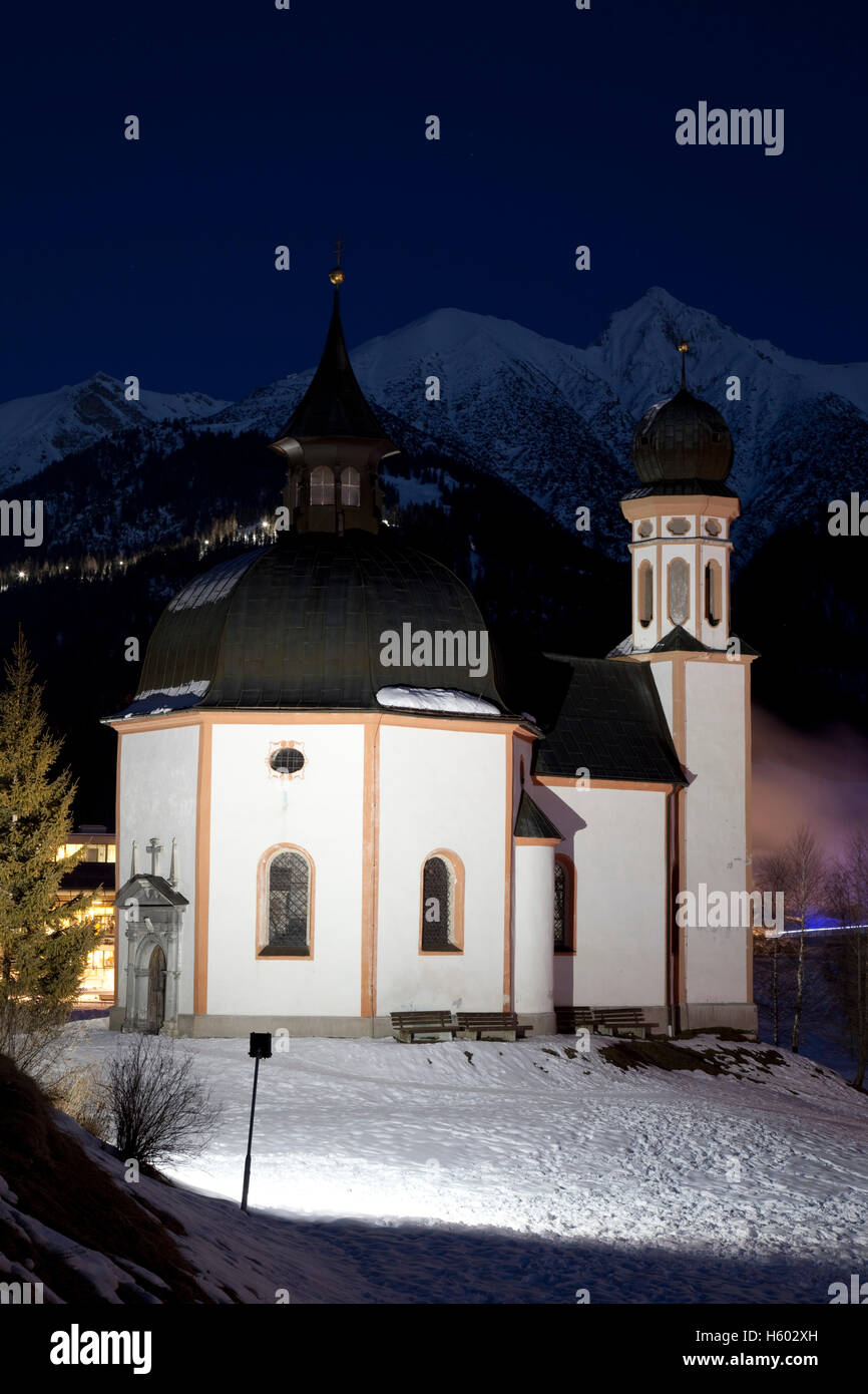 Seekirchl church in front of Karwendel Mountains at night, Seefeld ...