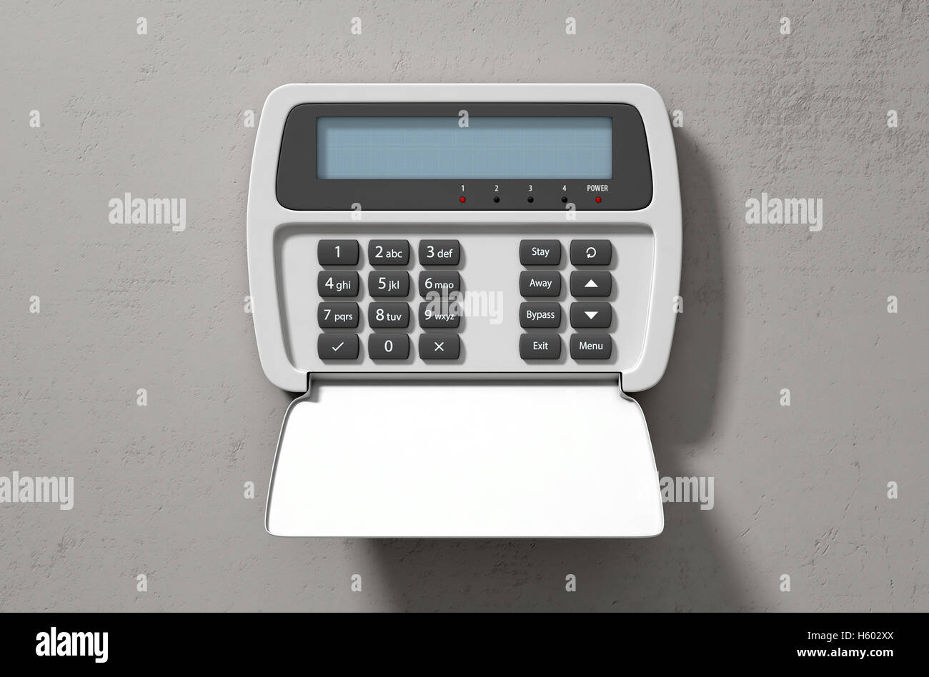 A 3D render of a home security keypad access panel with buttons and a ...