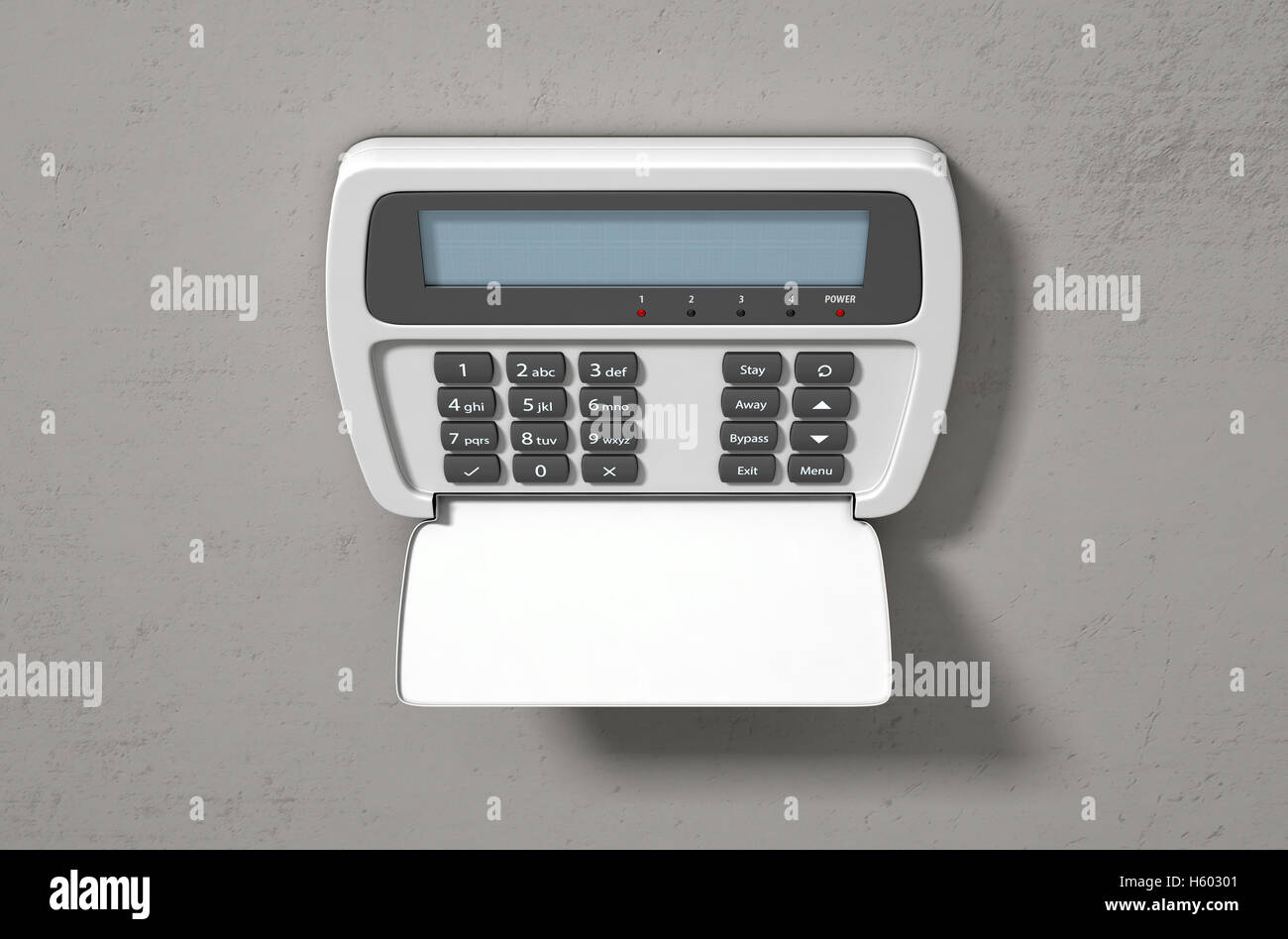 A 3D render of a home security keypad access panel with buttons and a ...