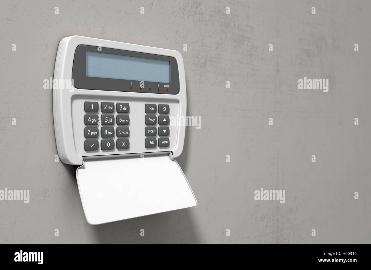 A 3D render of a home security keypad access panel with buttons and a ...