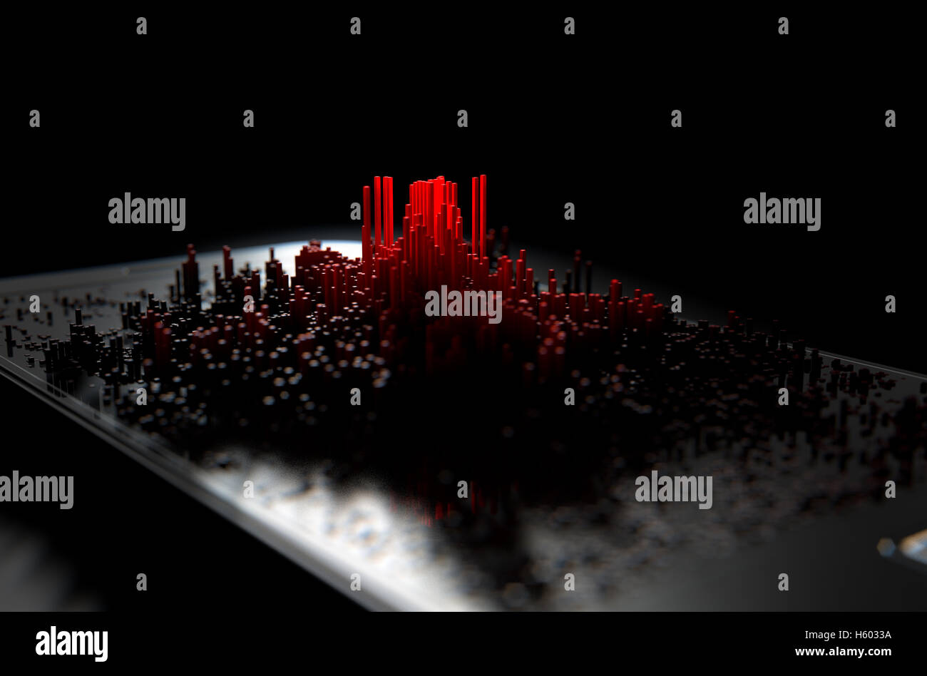 A 3D render of a modern generic smart phone screen emanating small red ...
