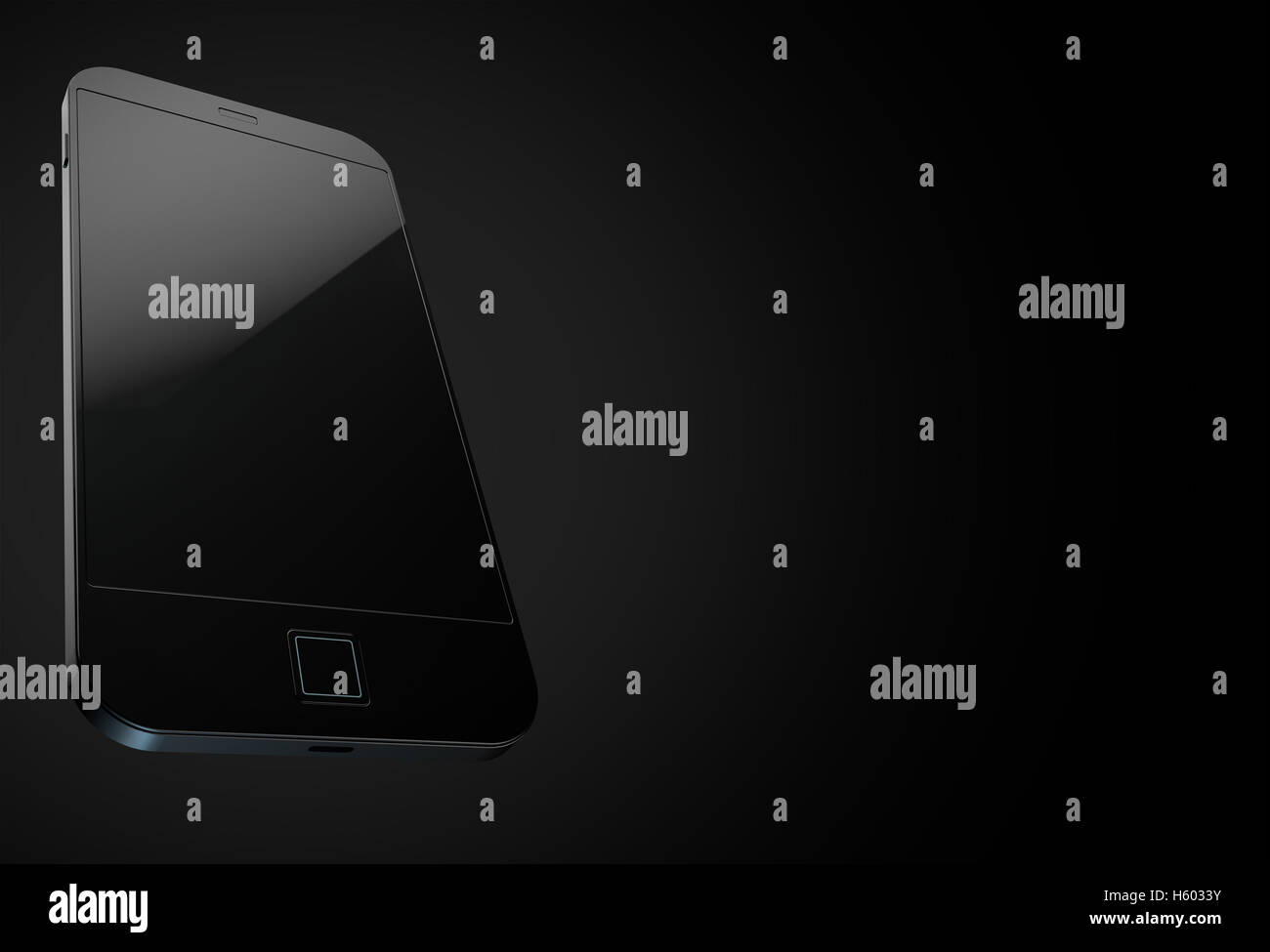 A 3D render of a modern all black generic smart phone on an isolated ...
