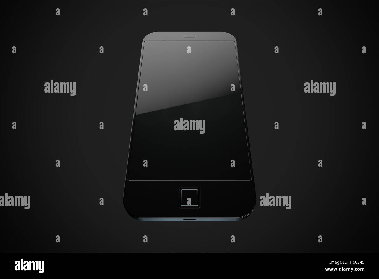 A 3D render of a modern all black generic smart phone on an isolated ...